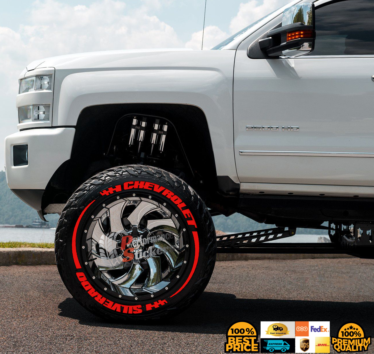 CHEVROLET SILVERADO red + STRIPES , a Set for 4 tires (581) - Tire Letter